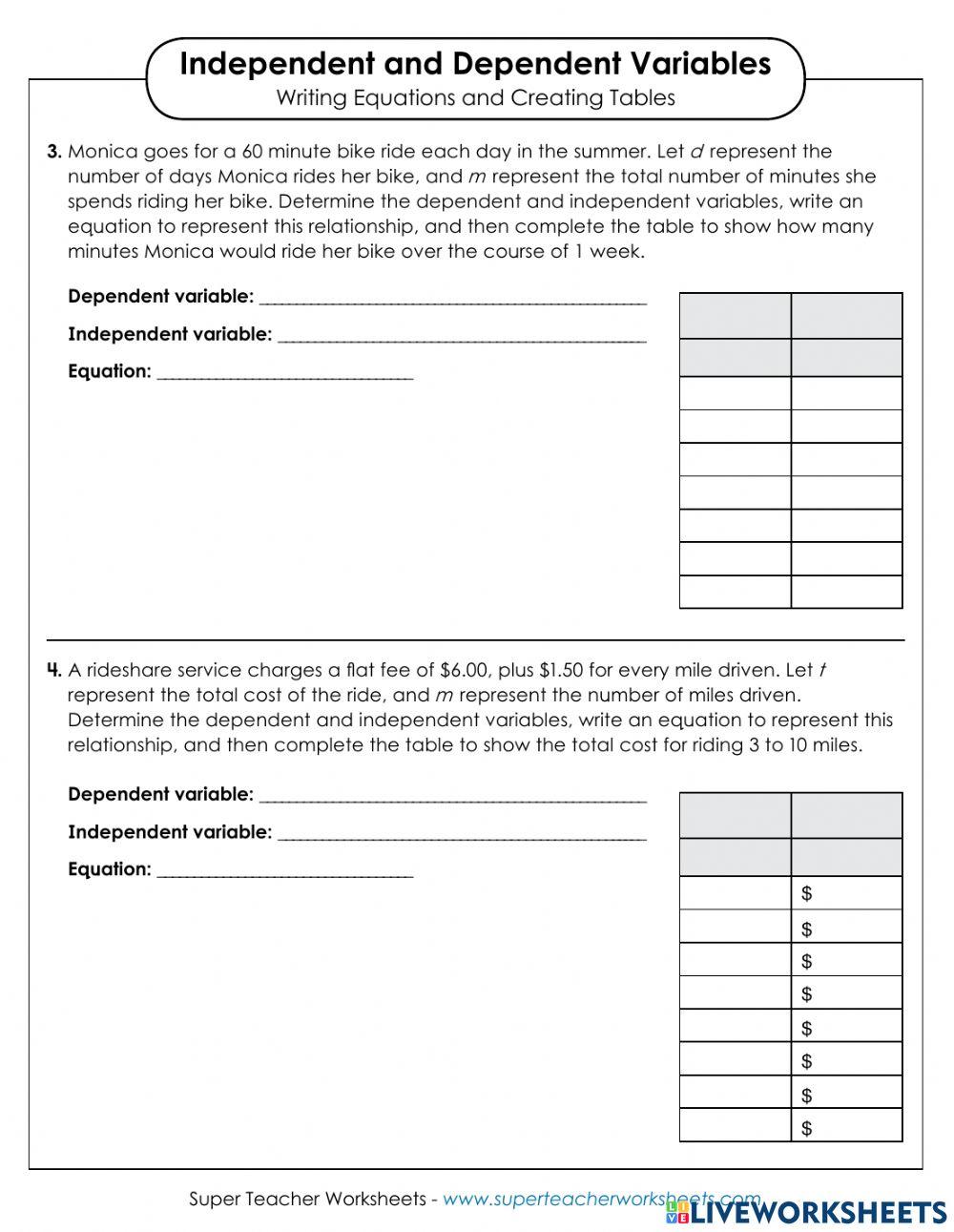 independent variable worksheets