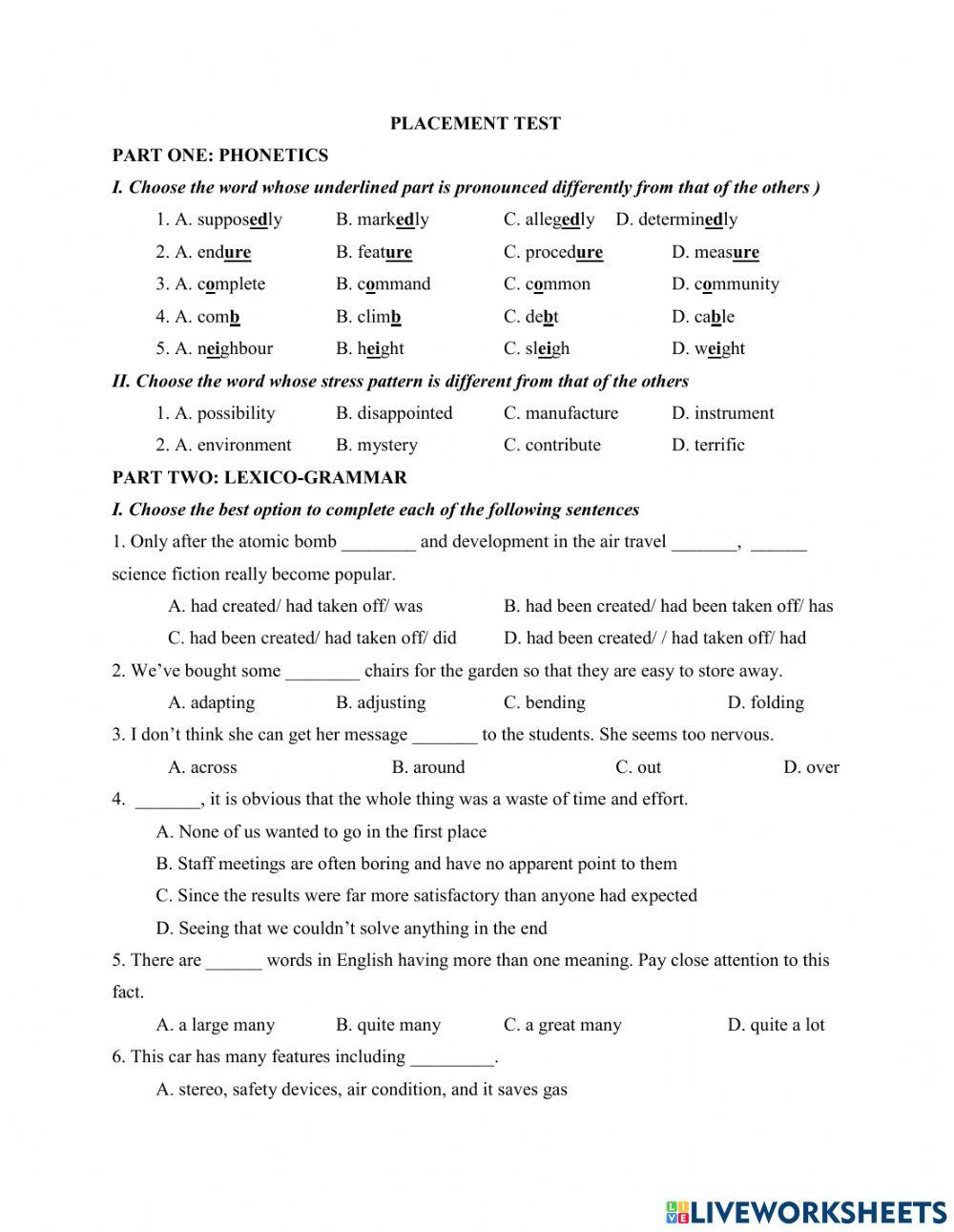Placement Test online exercise for Intermediate | Live Worksheets