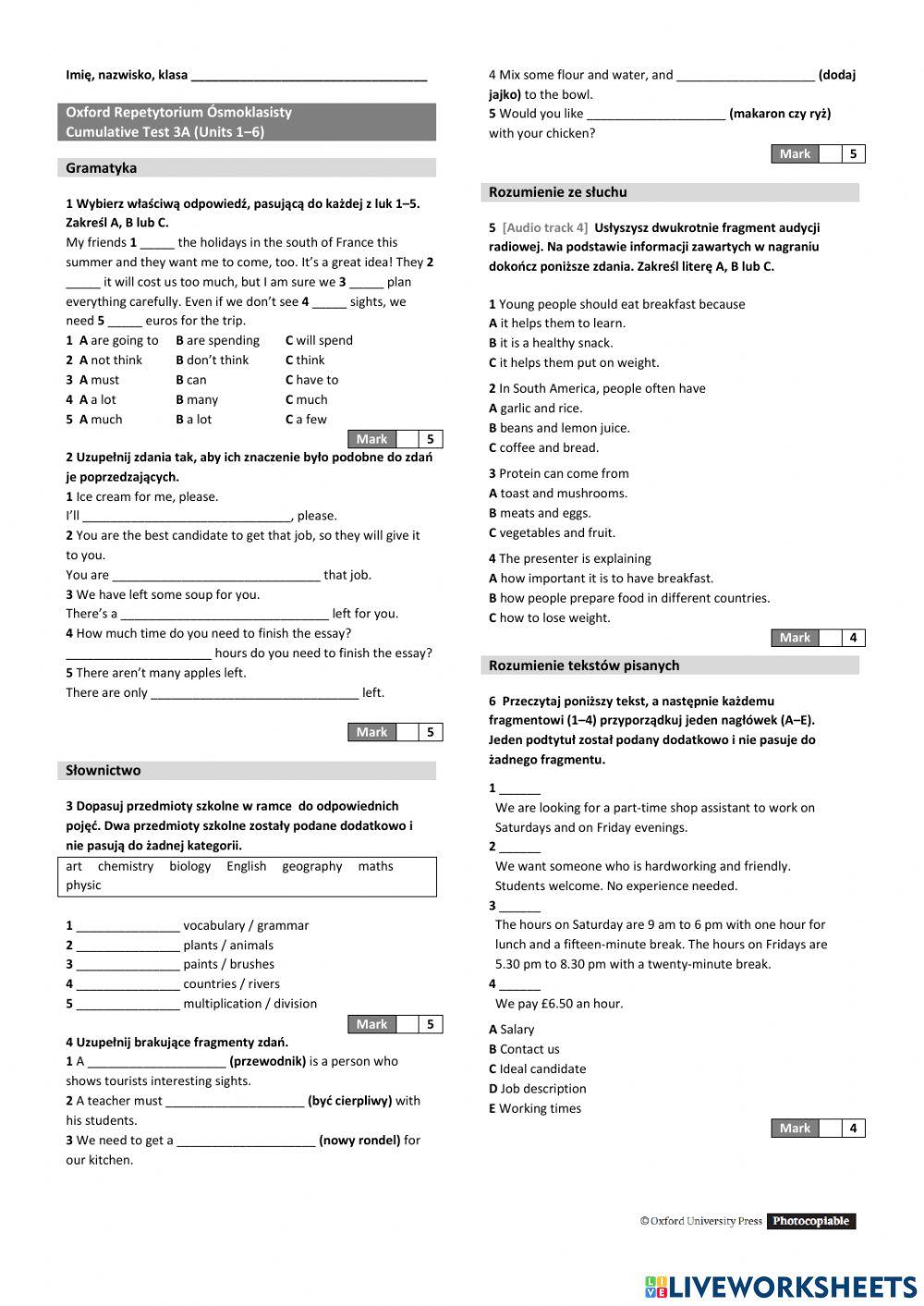 6867680 | Repetytorium Oxford Cumulative test 3A