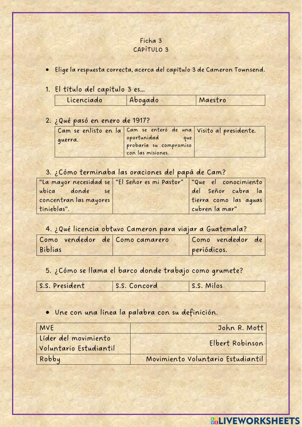 Capítulo 3 CameronTownsend worksheet | Live Worksheets