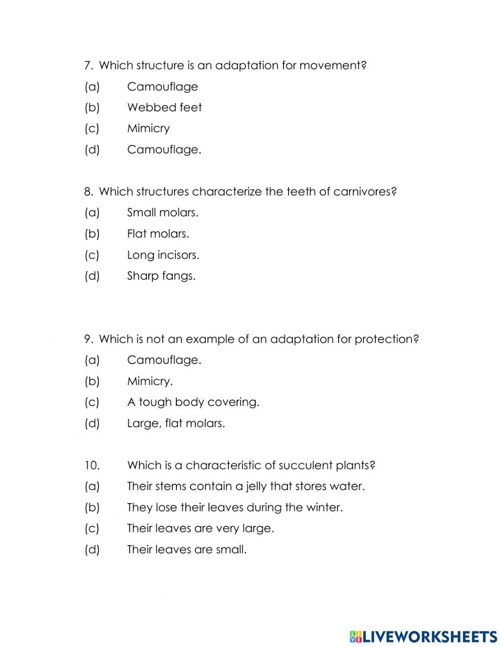 Science short test worksheet | Live Worksheets