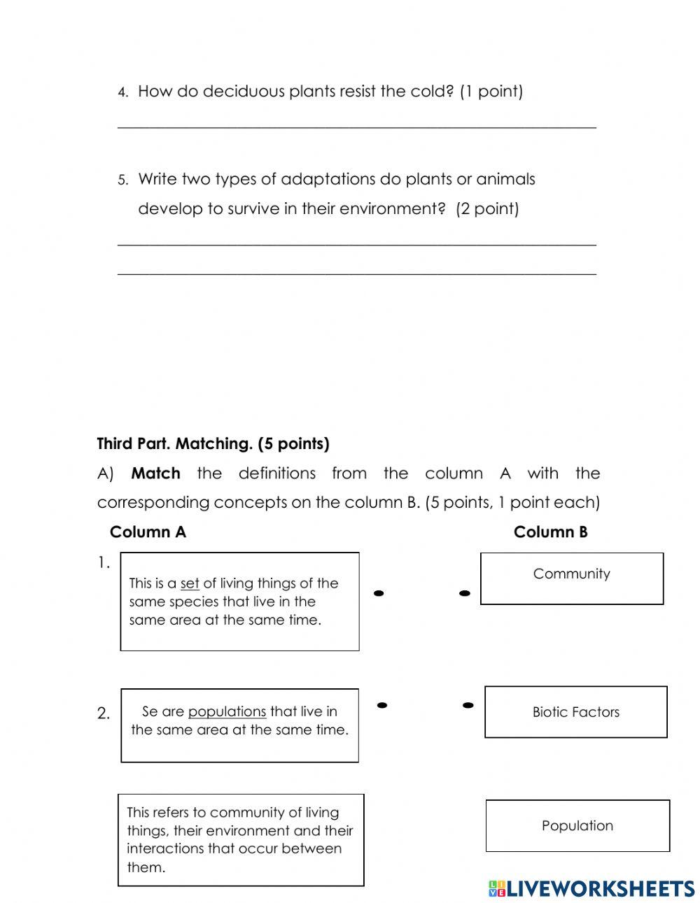 Science short test worksheet | Live Worksheets