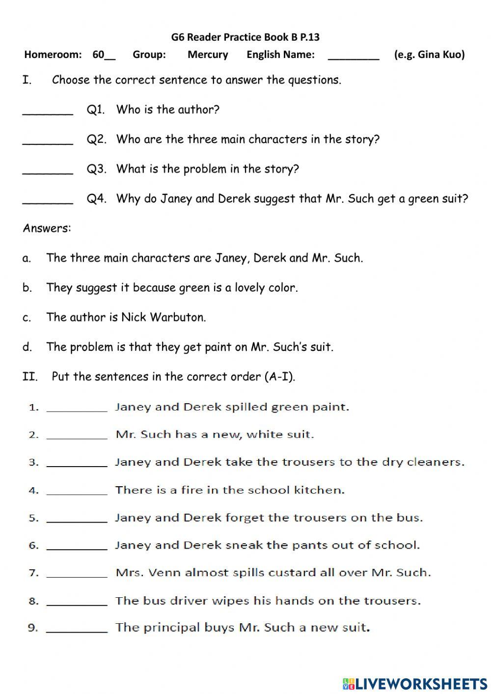 G6 Reader Practice Book B P.13 online exercise for | Live Worksheets