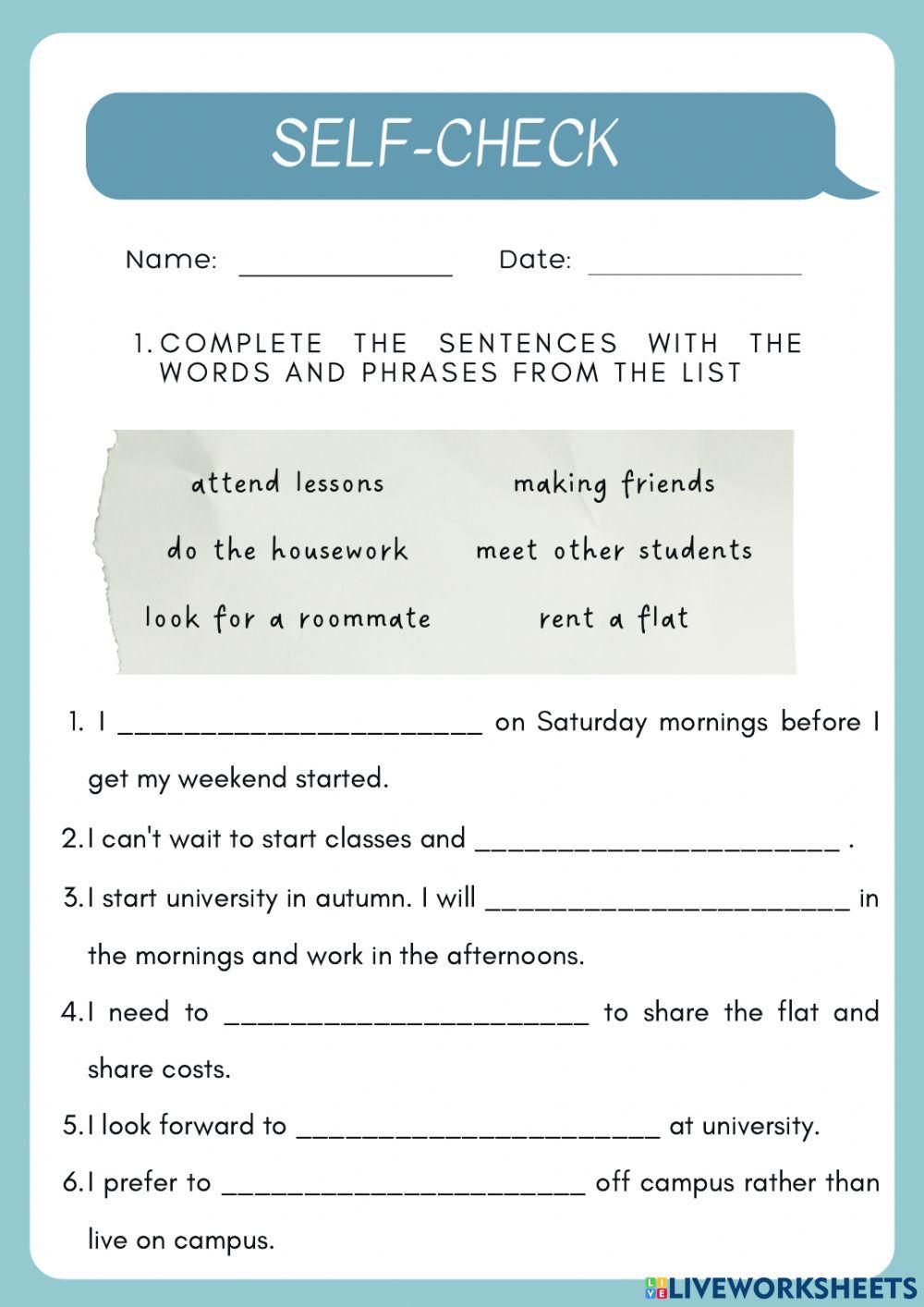 Self-check worksheet (UNIT 1) worksheet | Live Worksheets