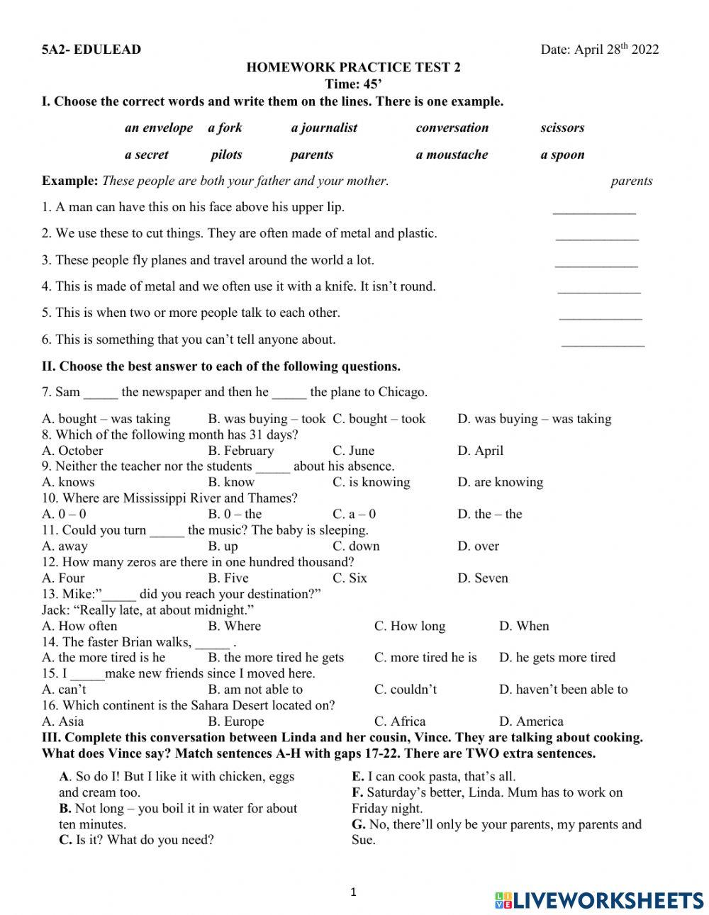 HW-PRACTICE 2 online exercise for | Live Worksheets