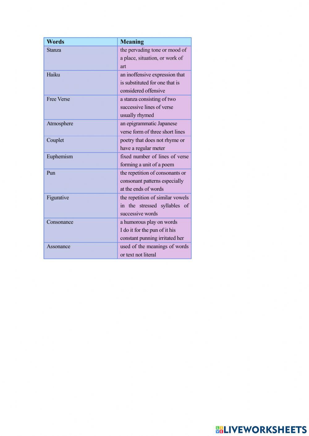 Poetic Devices again worksheet | Live Worksheets