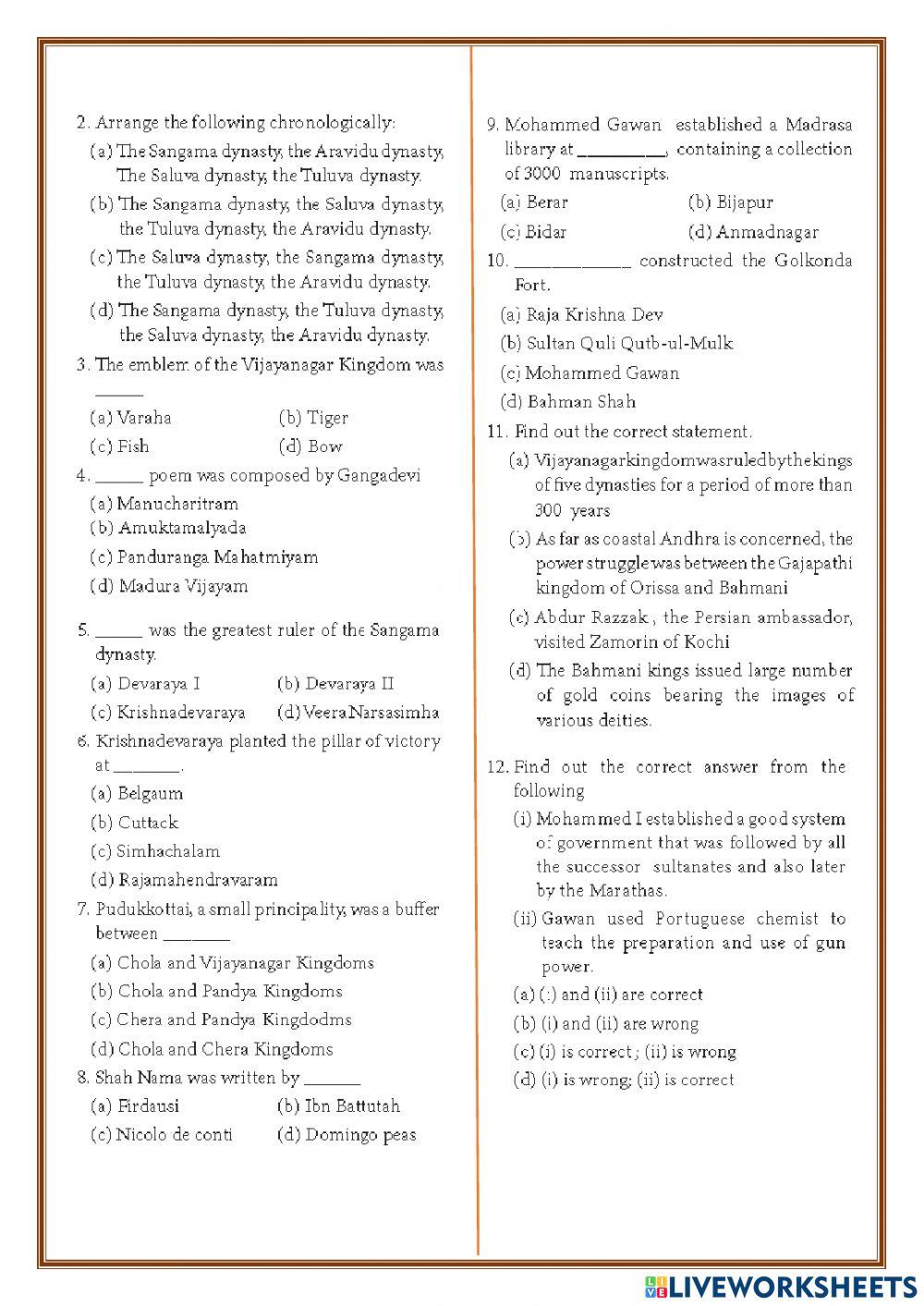 11 History one mark em worksheet | Live Worksheets
