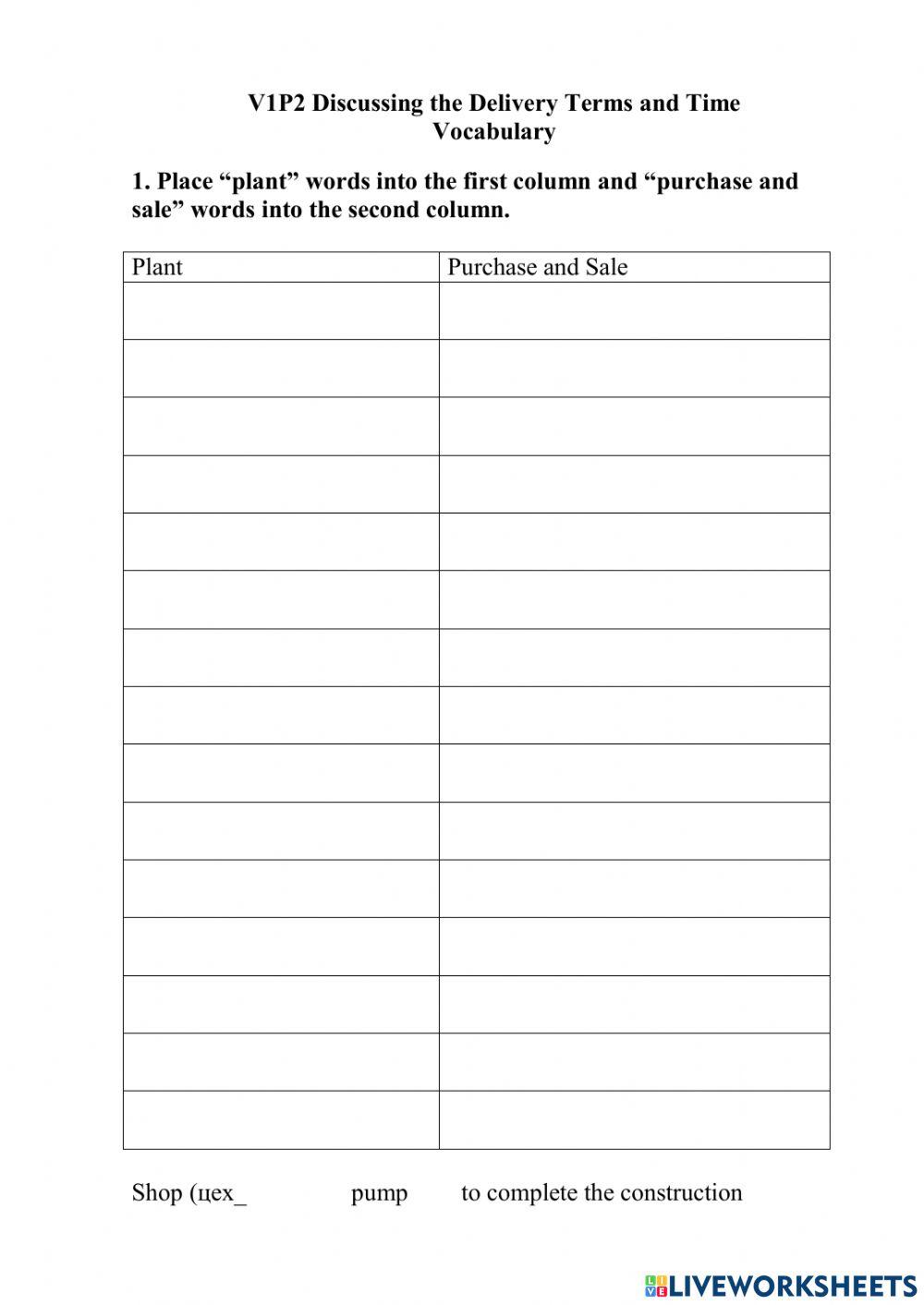 Temrs and Time of Delivery worksheet | Live Worksheets