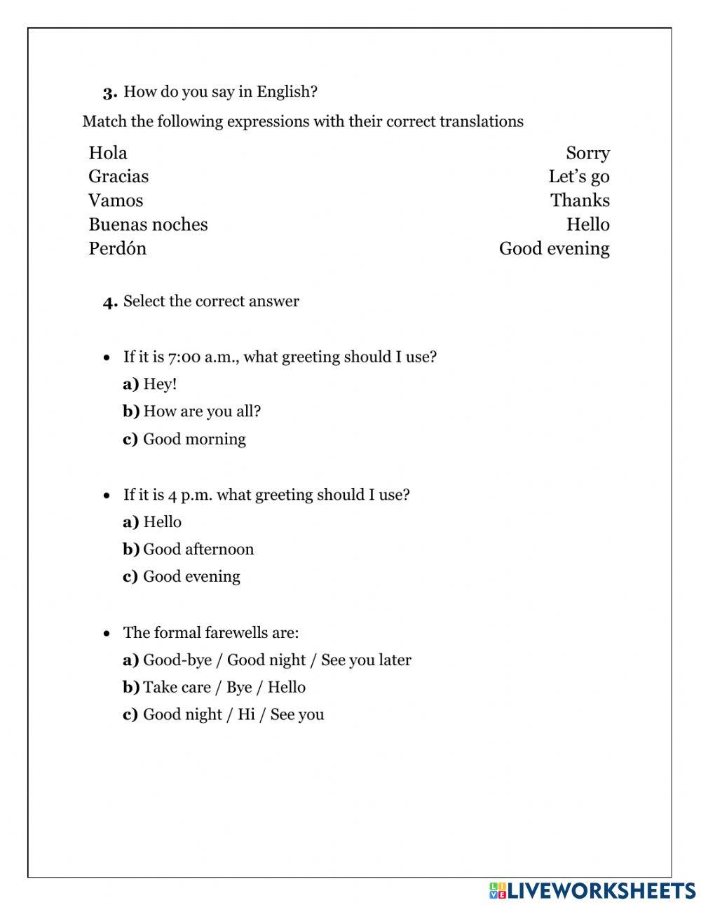 Standardized test for grammar: Greetings and farewells online exercise ...