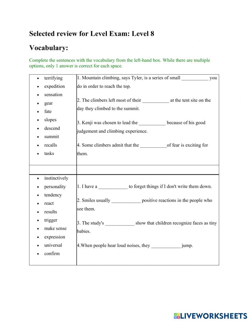 5330127 | Selected review for Level Exam: Level 8