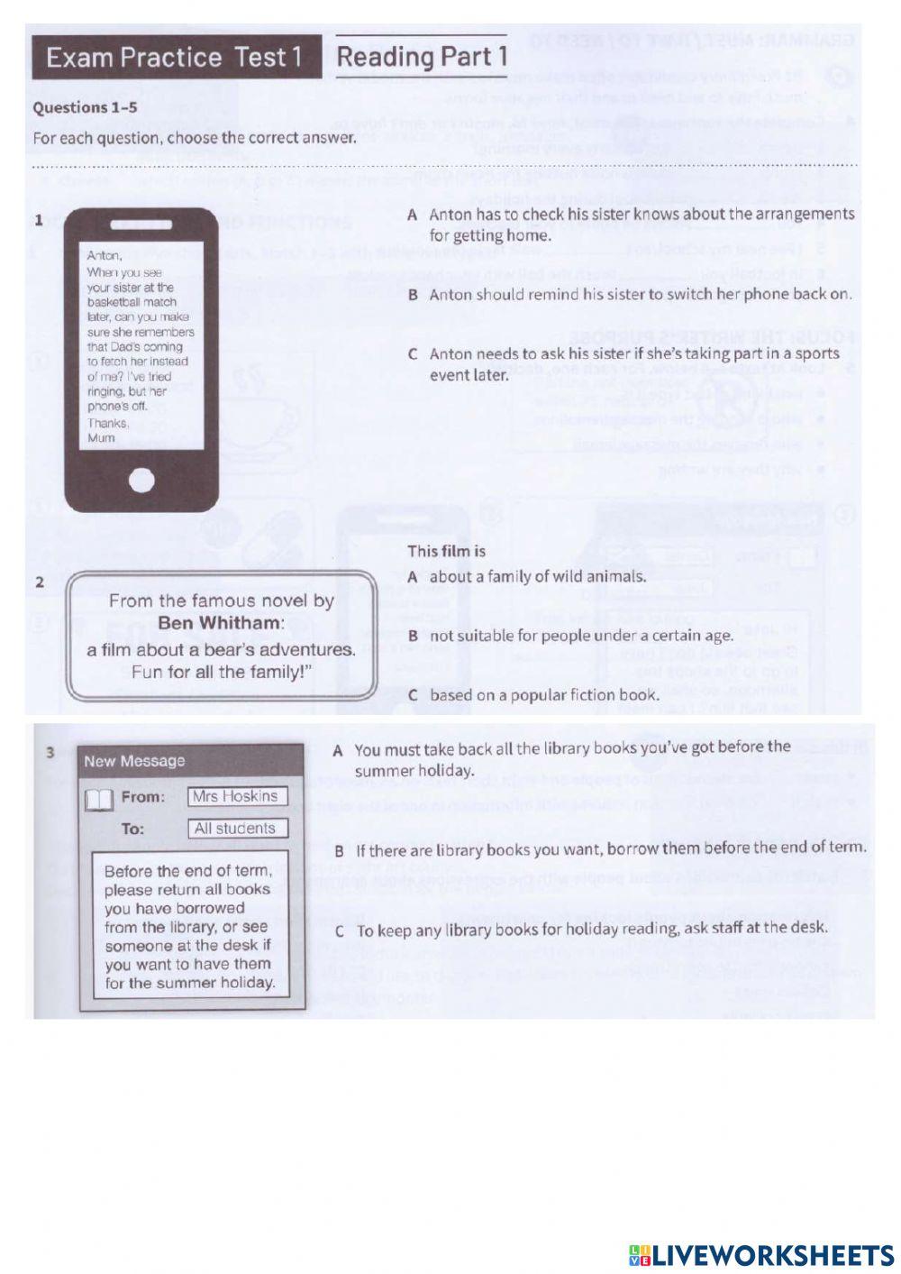 Reading part 1 exercise for PET | Live Worksheets