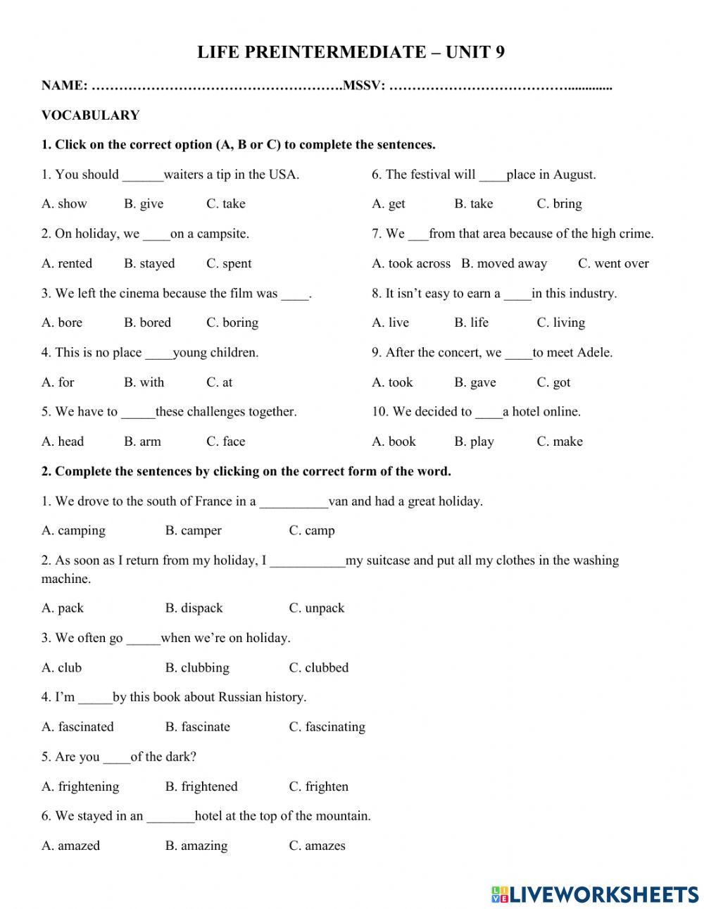 AV3 - UNIT 9 -2ND EDITION online exercise for | Live Worksheets