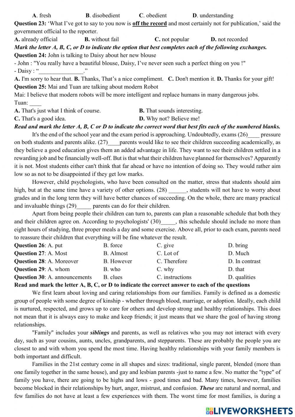 Grade 12- Test 34 worksheet | Live Worksheets