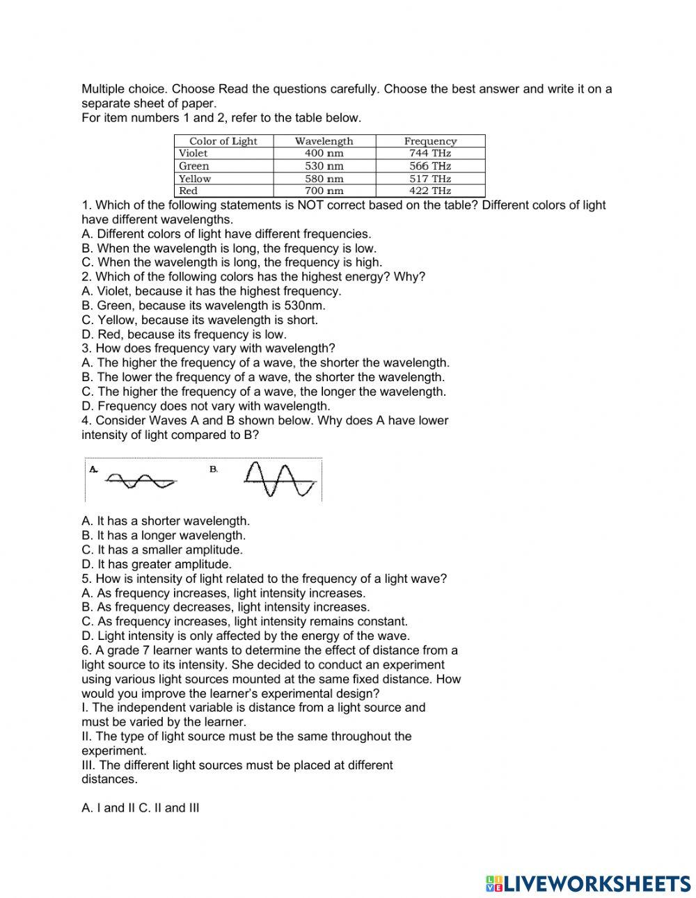 Multiple choice online exercise for 7 | Live Worksheets