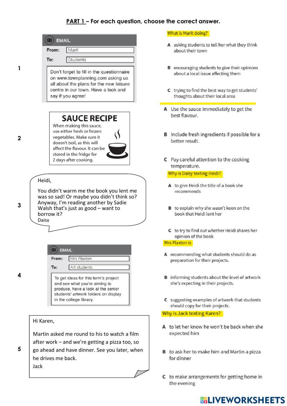 B1 PET READING … | Free Interactive Worksheets | 6859520