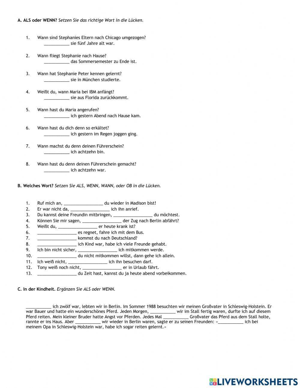 Als, wenn, wann… | Free Interactive Worksheets | 1980274