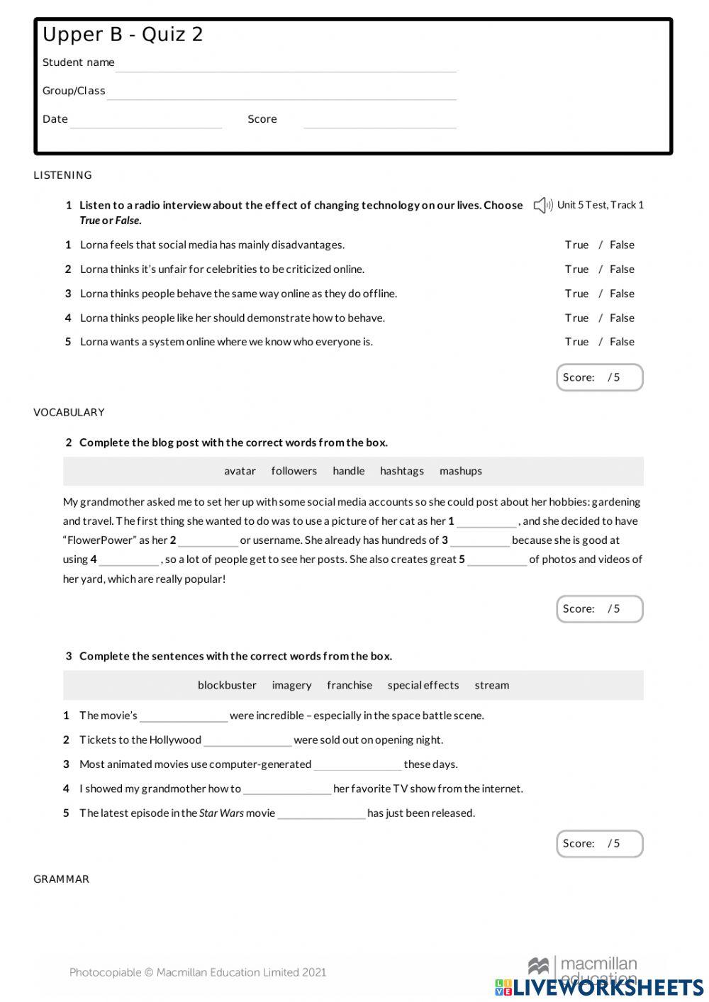 Upper B - Quiz 2 | elprofetapia | Live Worksheets
