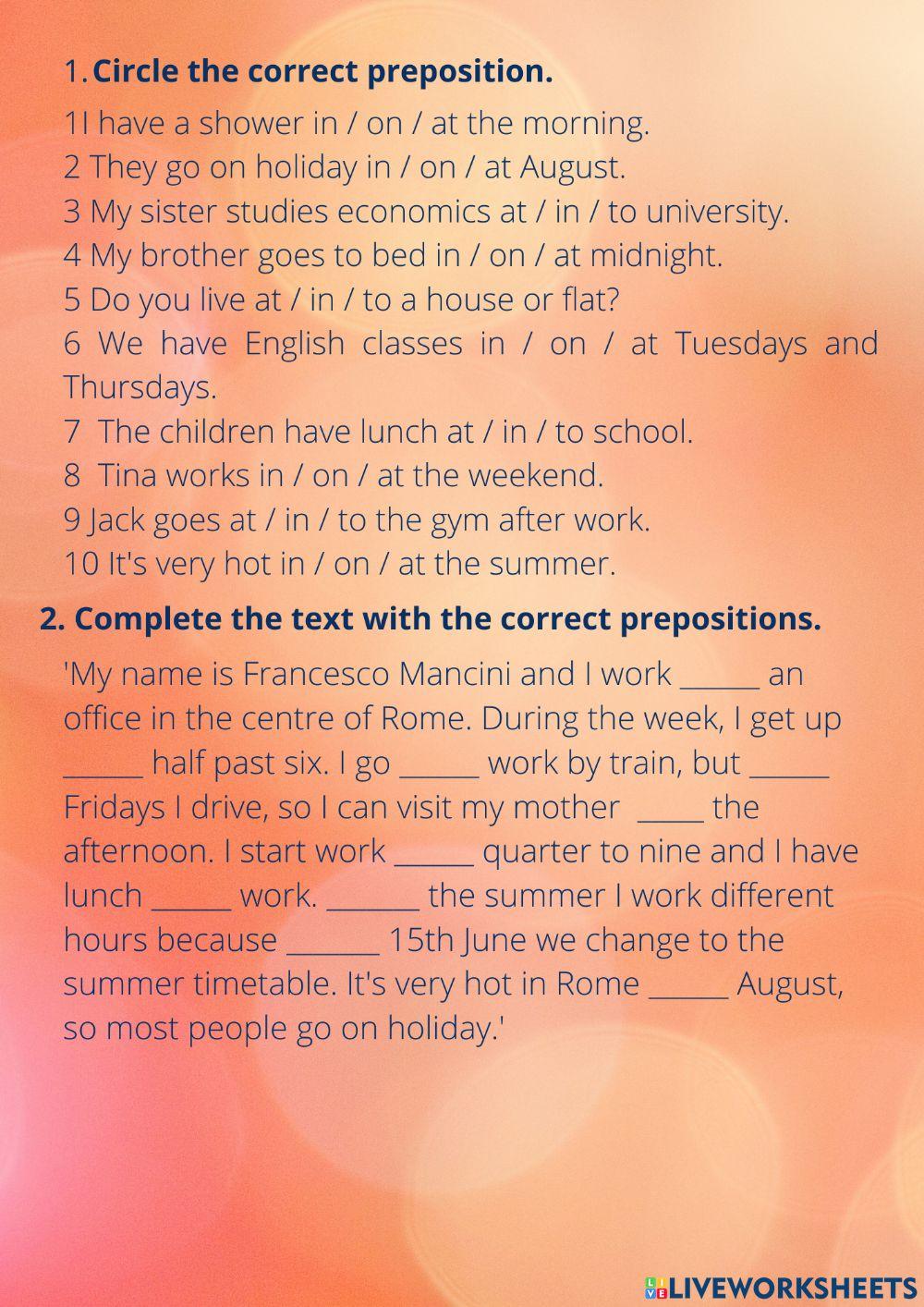 Prepositions online exercise for Elem | Live Worksheets