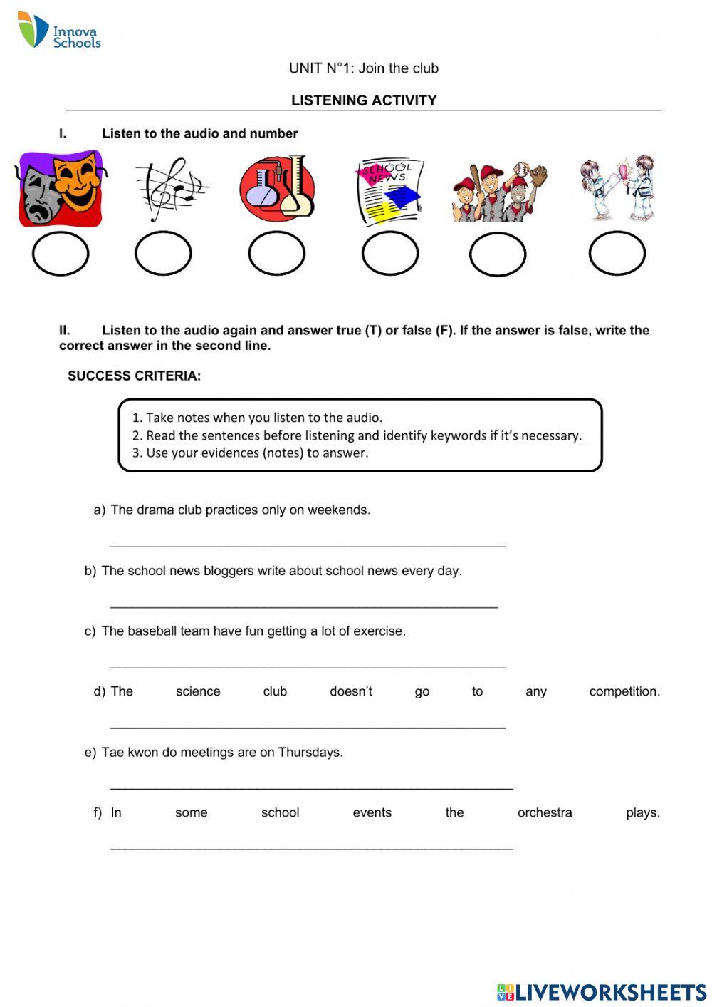 school clubs listening worksheet online exercise for | Live Worksheets