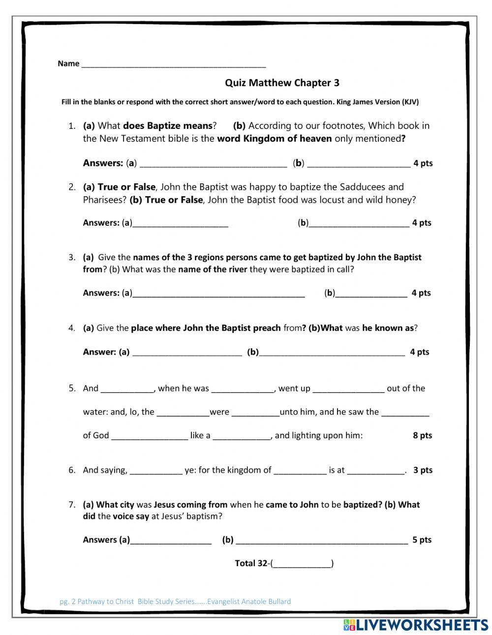 Pathway to Christ Bible Study Series Matthew Chapter 3 Quiz KJV ...
