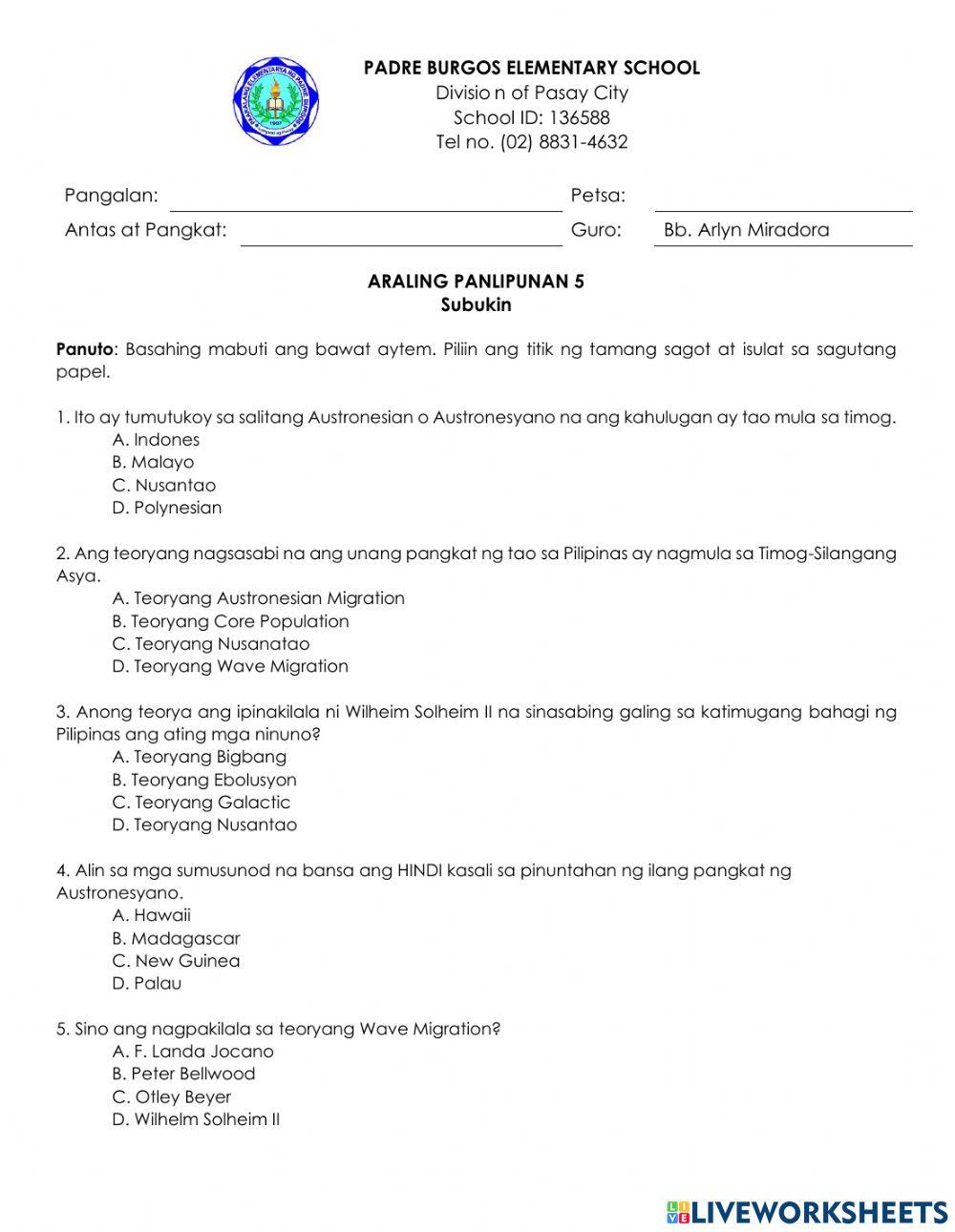 AP5-QUARTER 2 2346748 | Megarino | Live Worksheets