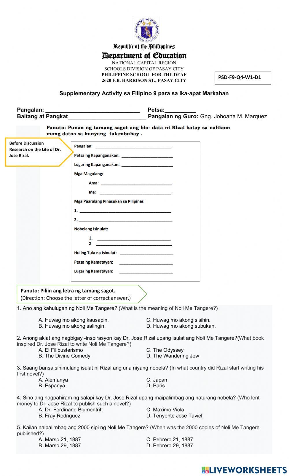 PSD Q4-W1-Buhay ni Dr. Jose Rizal at Kasaysayan ng Noli Me Tangere ...