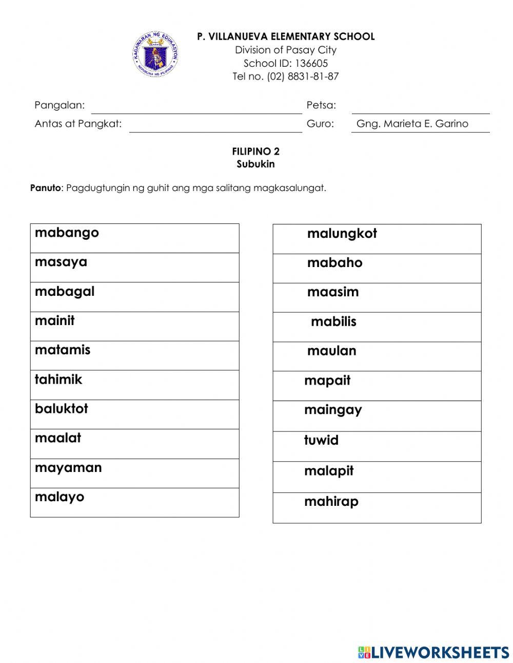 FILIPINO2-Q4-WK1-Suriin, Mga salitang magkasalungat online exercise for ...