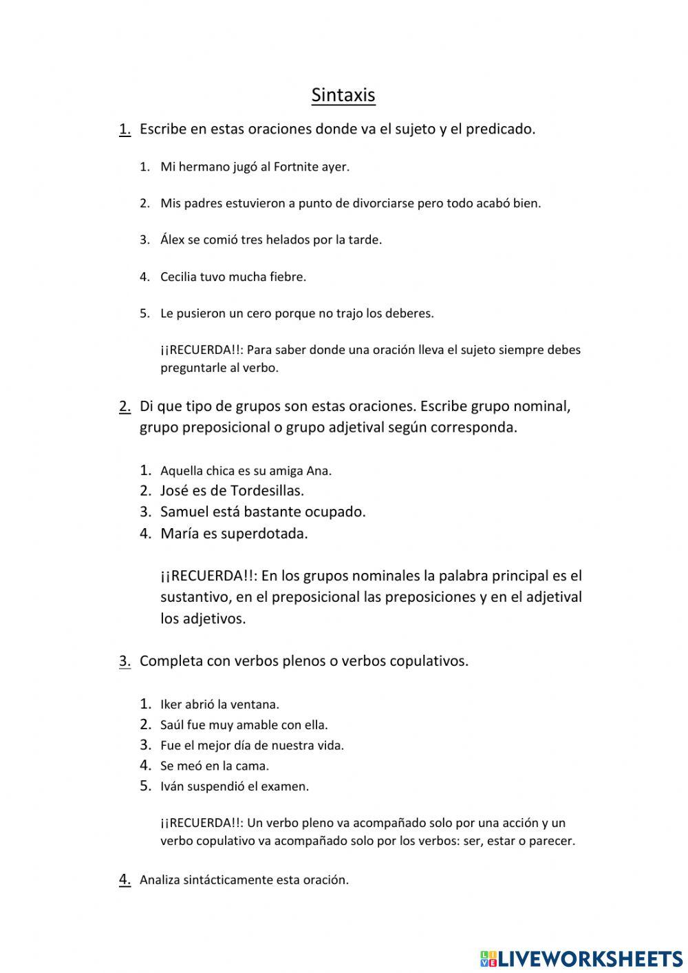 Sintaxis - Ánalisis Sintáctico worksheet | Live Worksheets