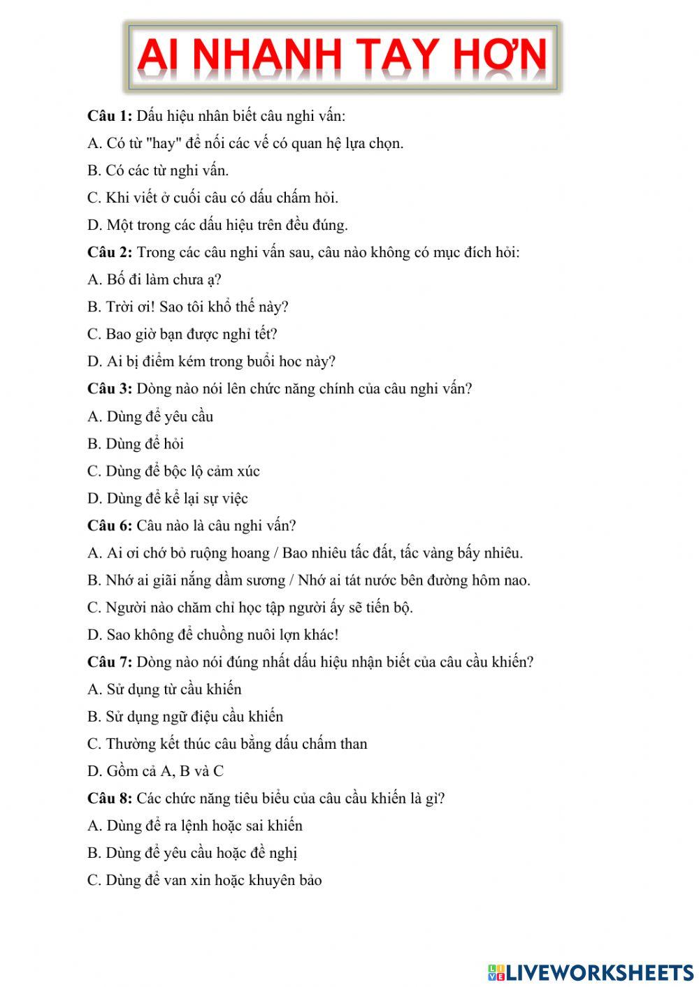 AI NHANH TAY online exercise for | Live Worksheets