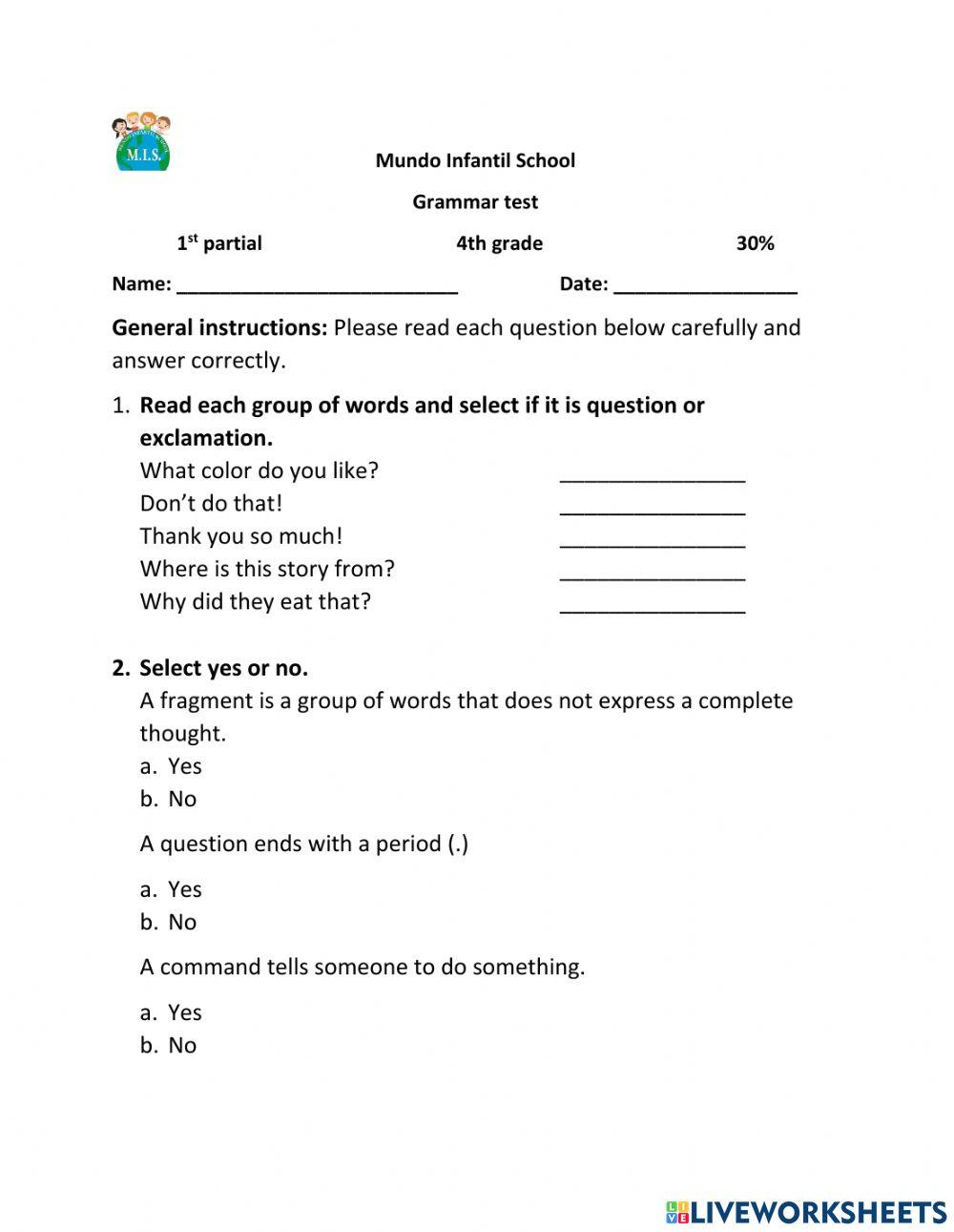 1981391 | GRAMMAR TEST, 1ST PARTIAL, 4TH GRADE