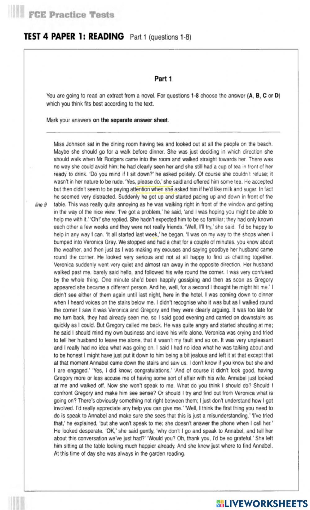 Practice Reading Test FCE part 2 worksheet | Live Worksheets