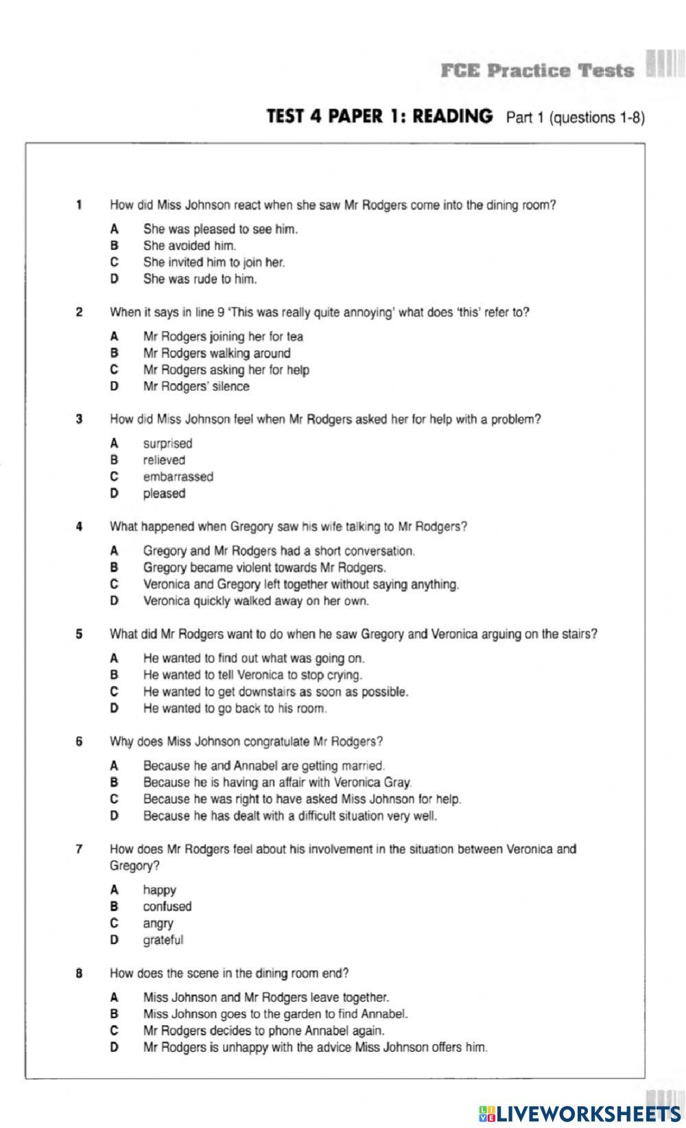 Practice Reading Test FCE part 2 worksheet | Live Worksheets
