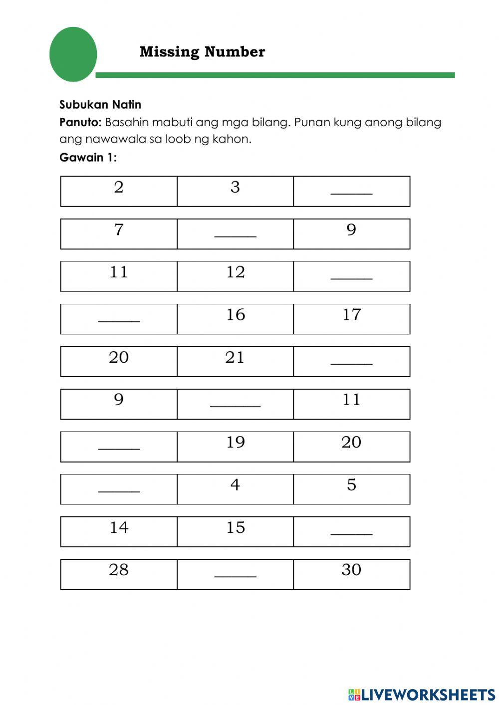 Missing number activity online exercise for | Live Worksheets