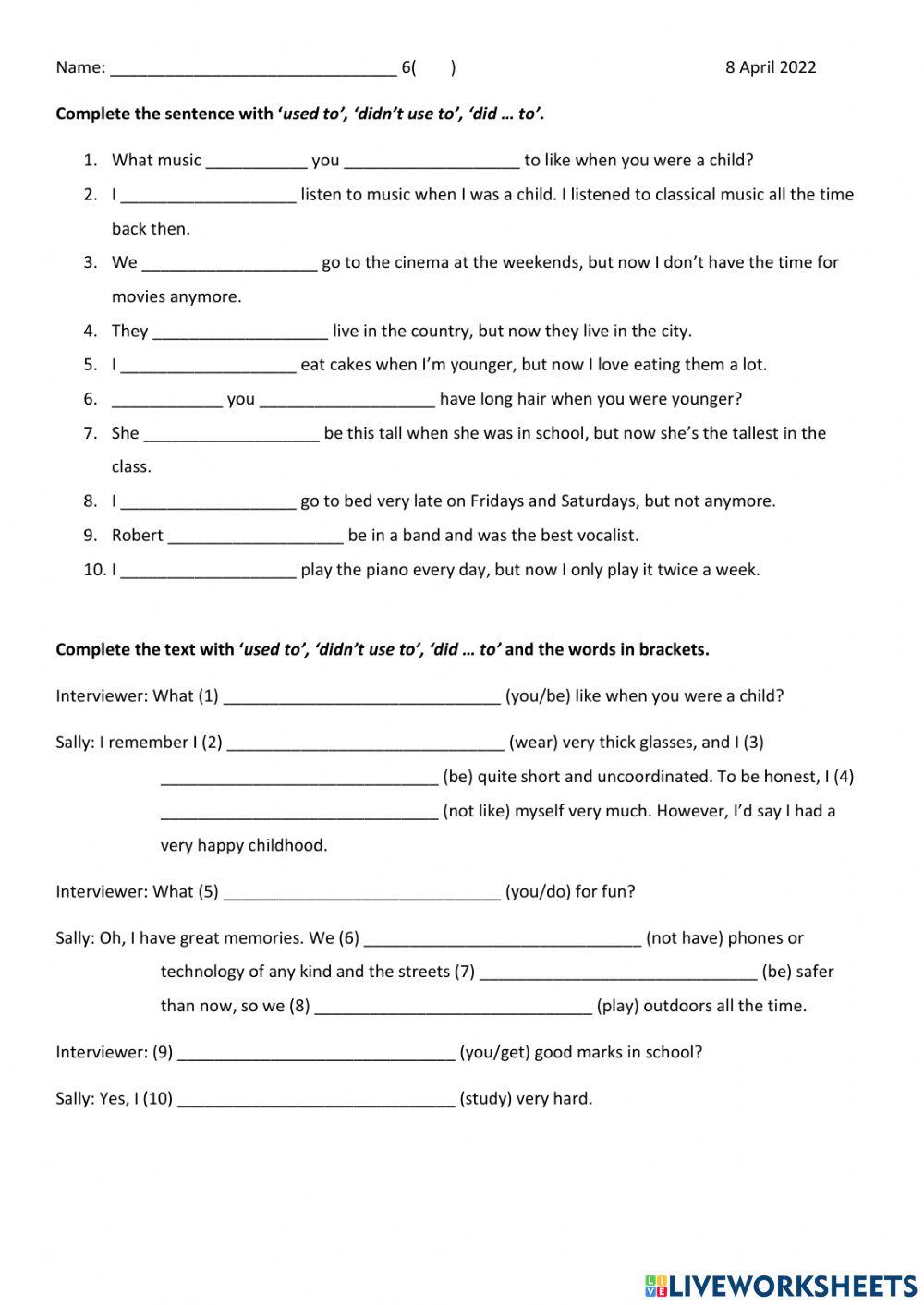 Year 6 Grammar test 'used to' online exercise for | Live Worksheets