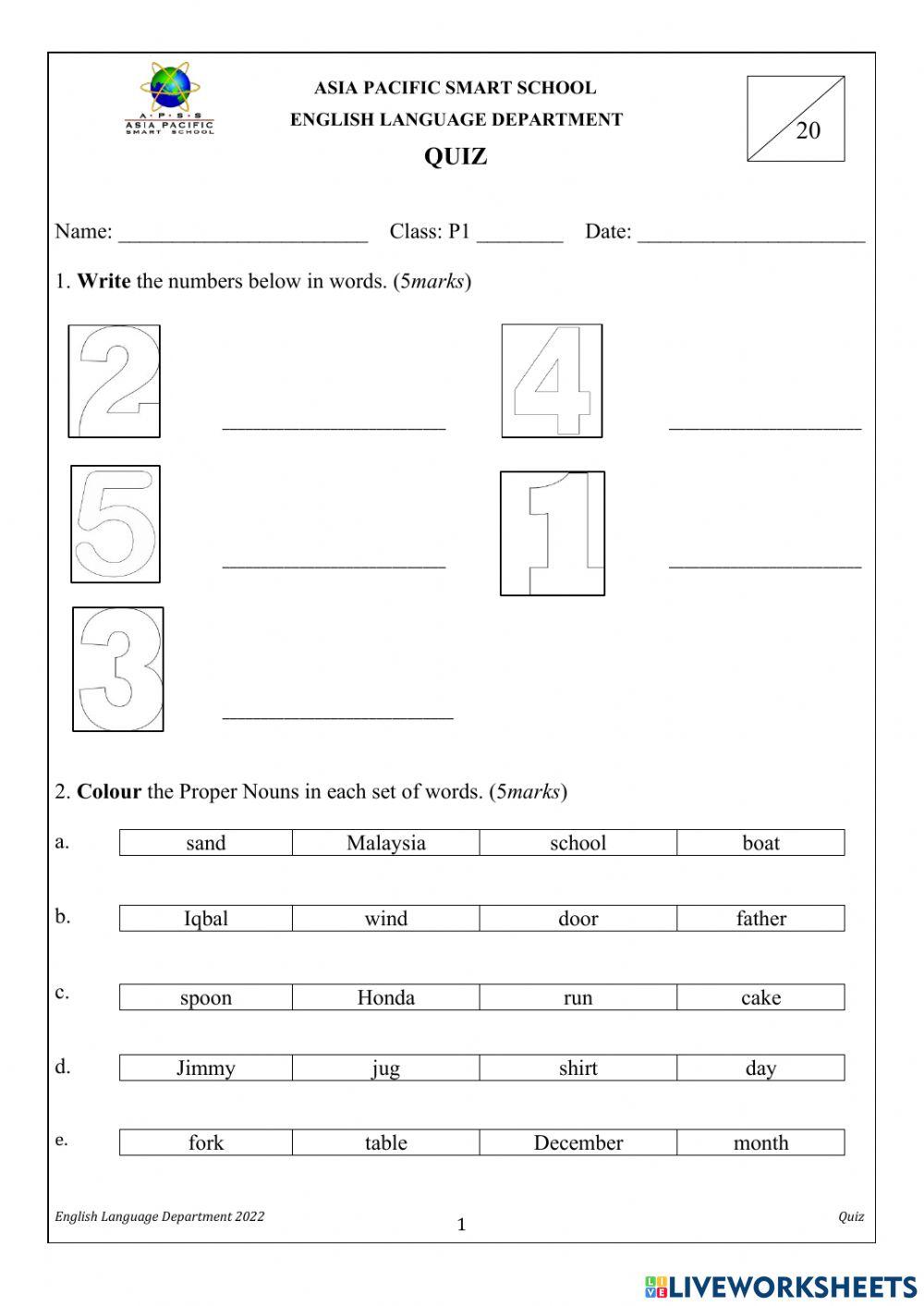 QUIZ P1 2022 online exercise for | Live Worksheets