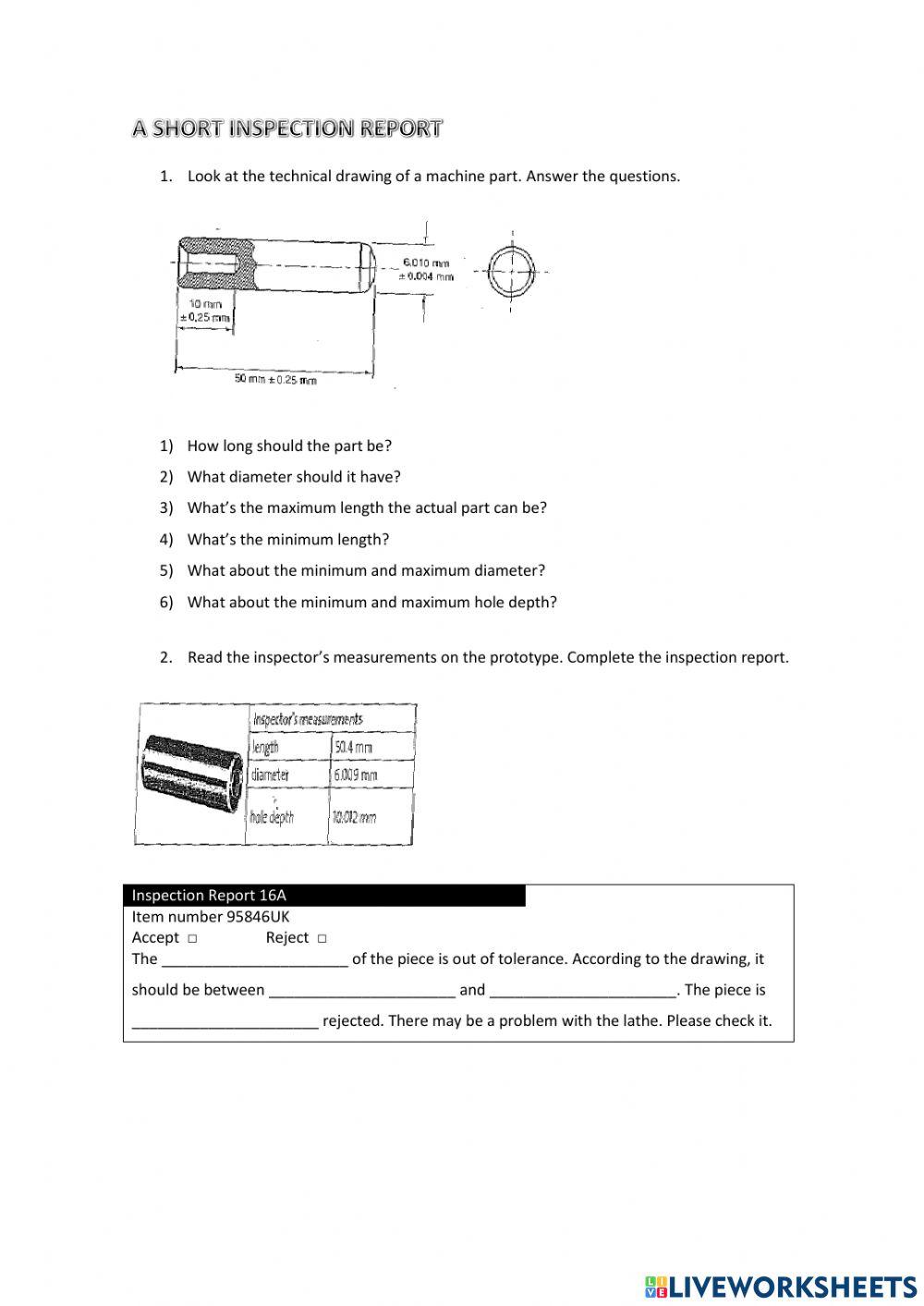 An inspection report worksheet | Live Worksheets