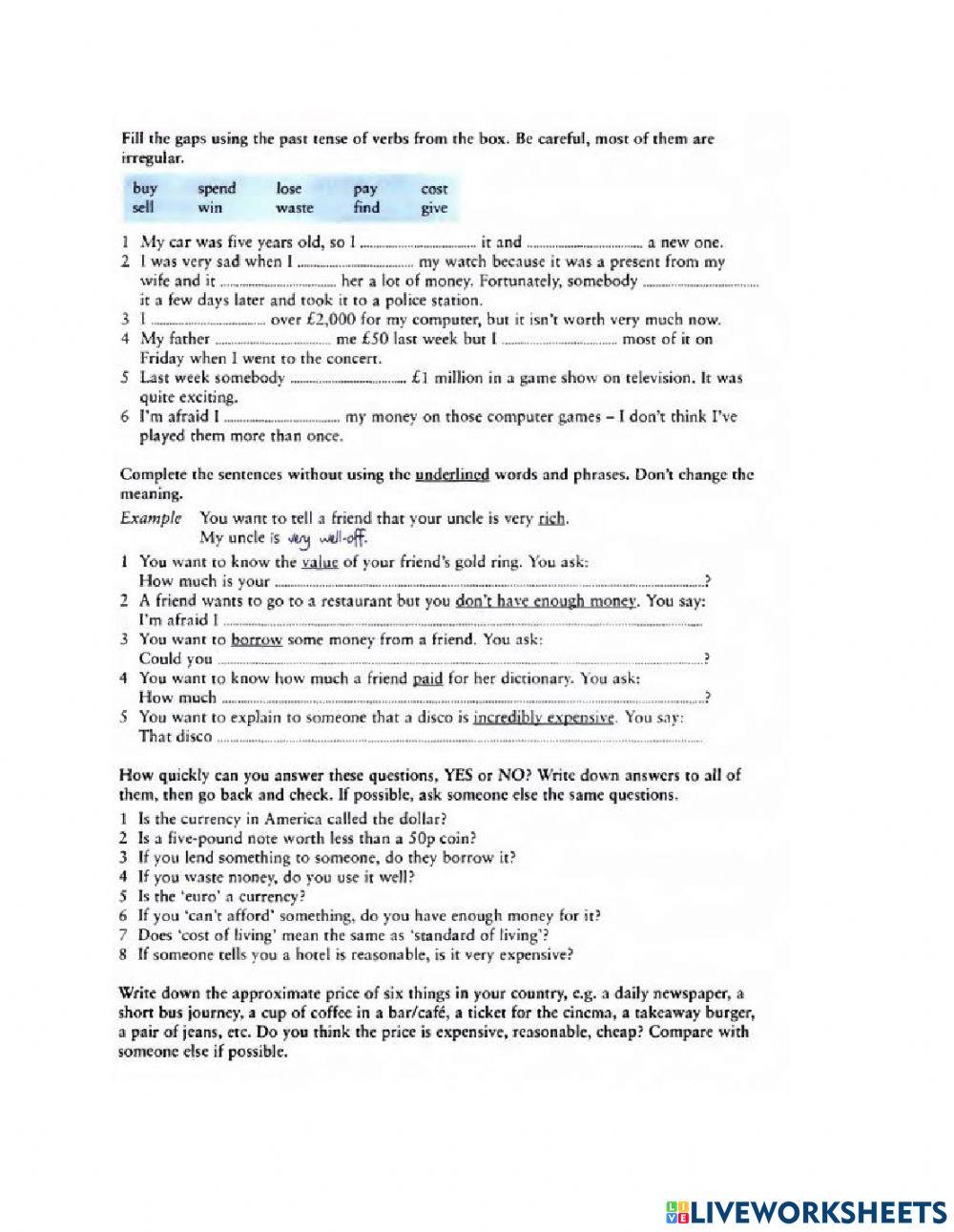 Money online exercise for Elementary and Pre-Intermediate | Live Worksheets