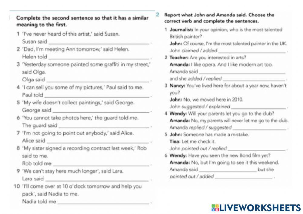 Reported speech online exercise for 9 | Live Worksheets