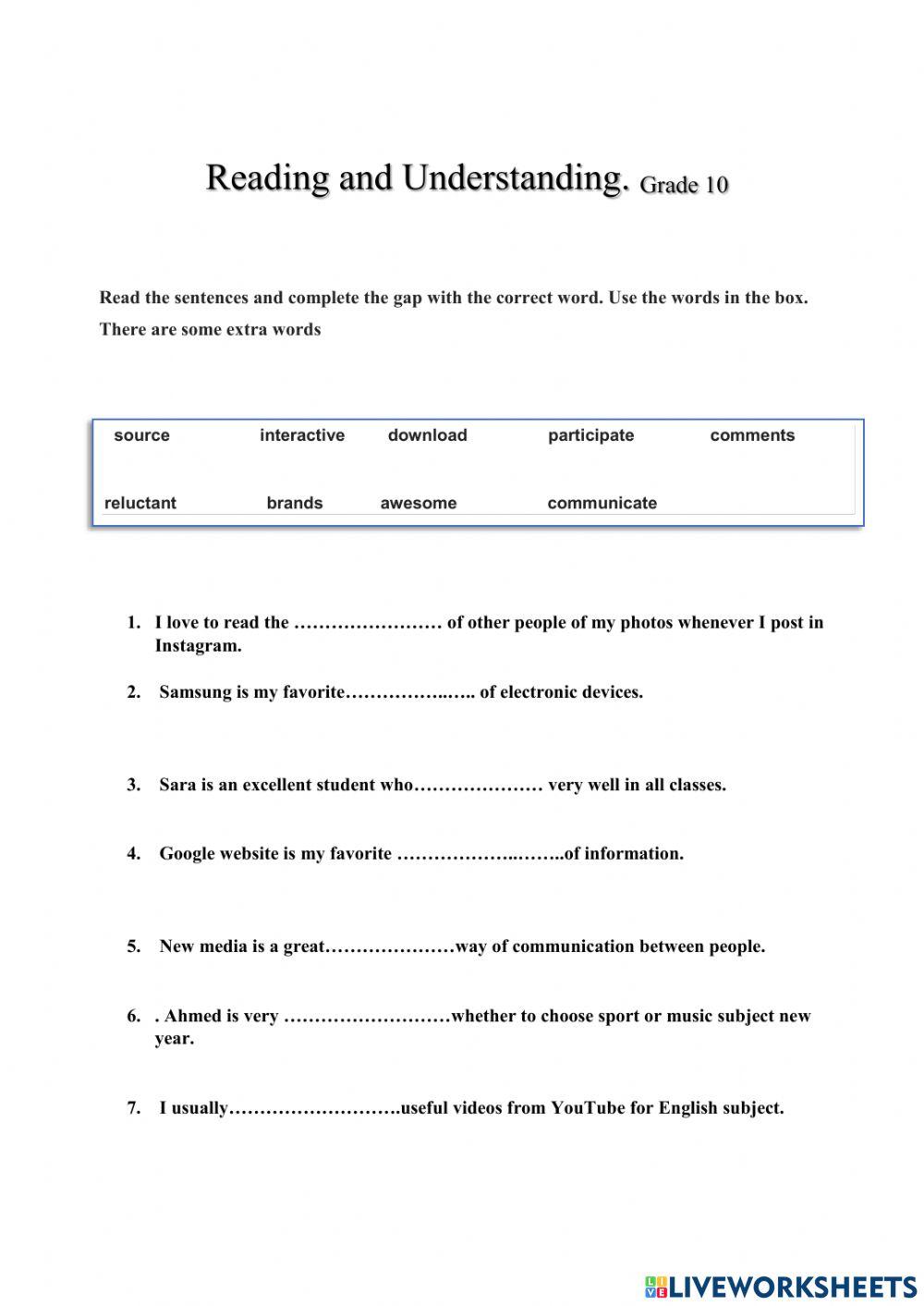 Gr.10 - Unit 1 - Vocab Exercise worksheet | Live Worksheets