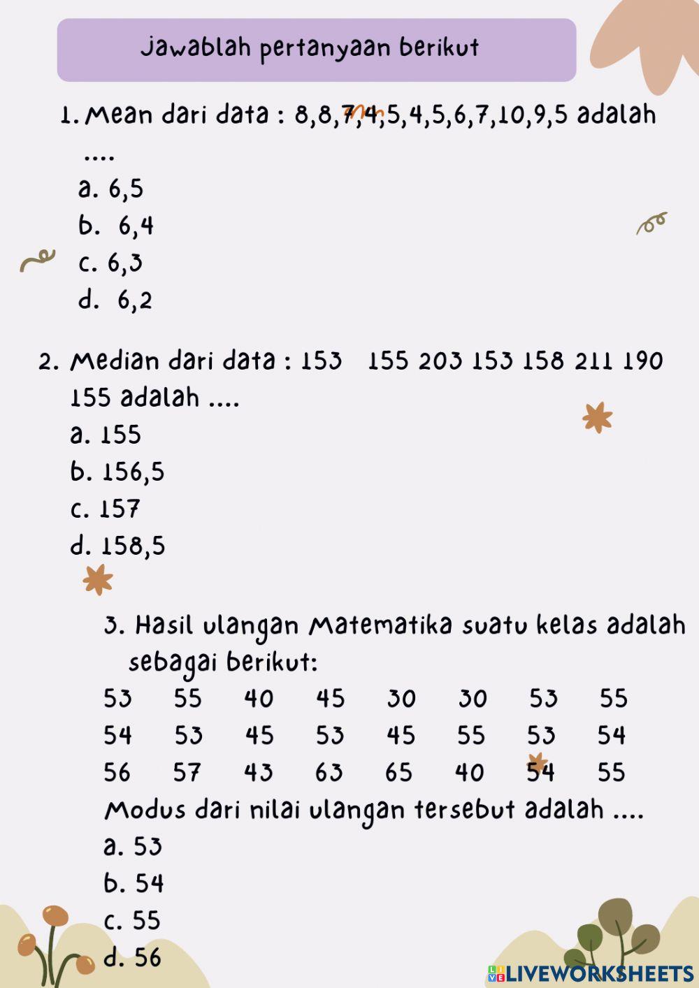 Modus, median,mean worksheet | Live Worksheets