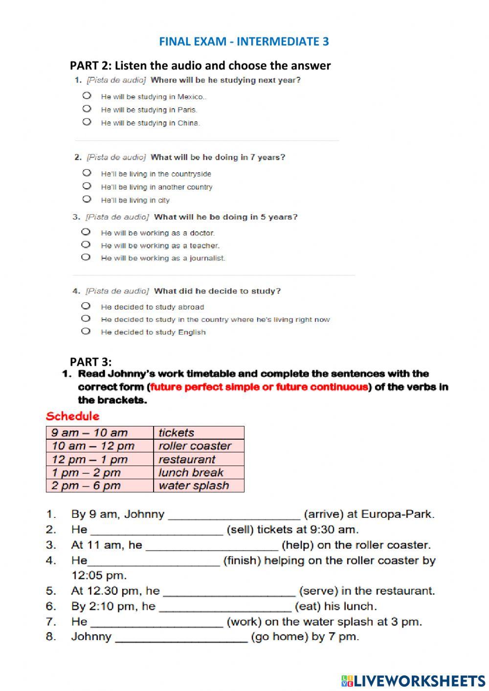 Final Exam- Intermediate 3 online exercise for | Live Worksheets