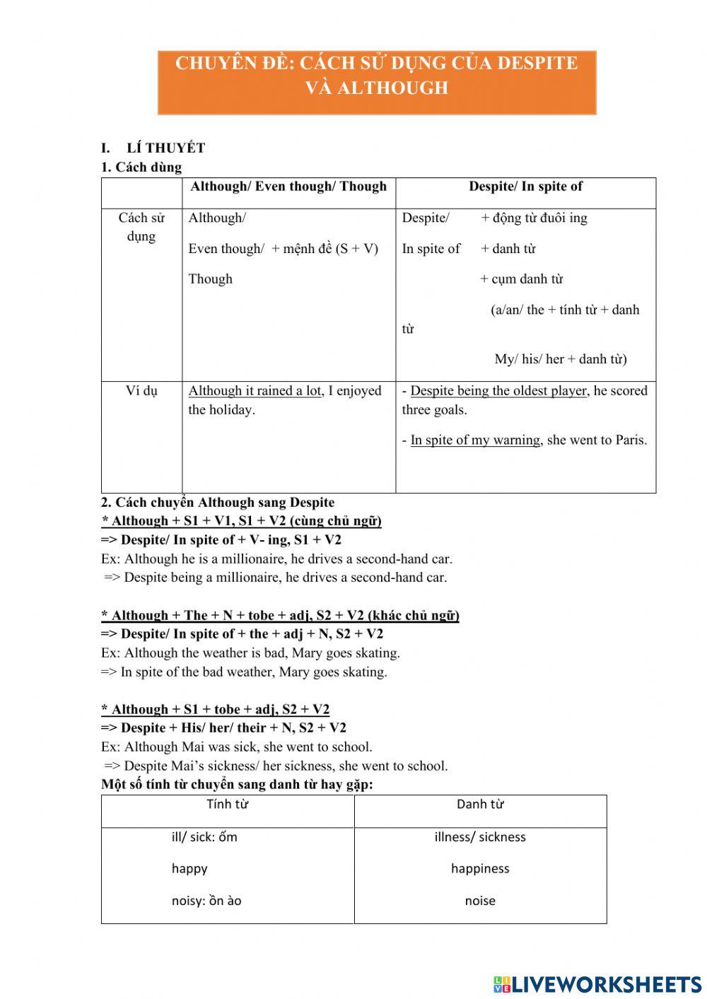 although-despite online exercise for | Live Worksheets