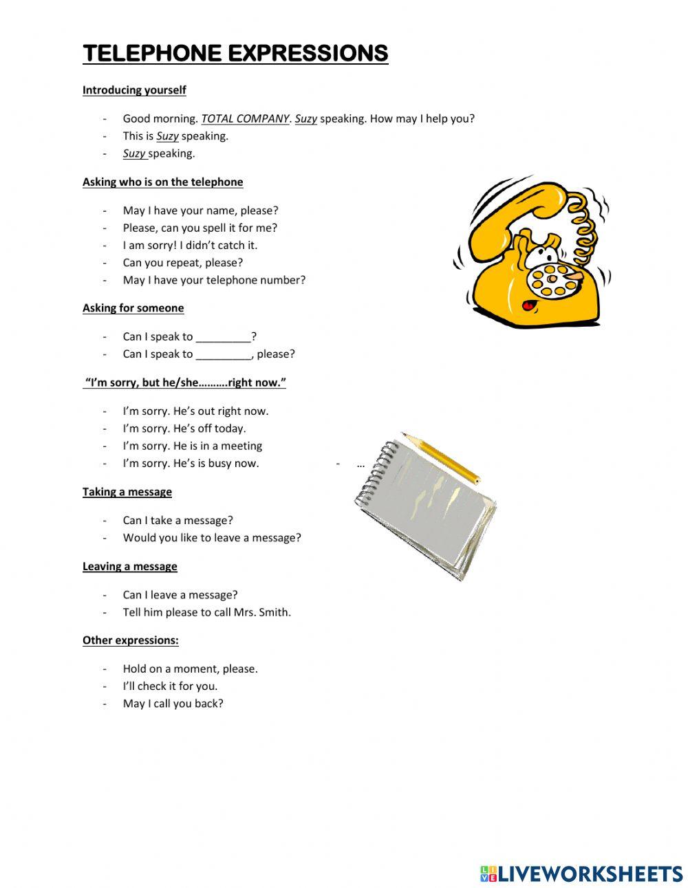 Telephone expre… | Free Interactive Worksheets | 1983907