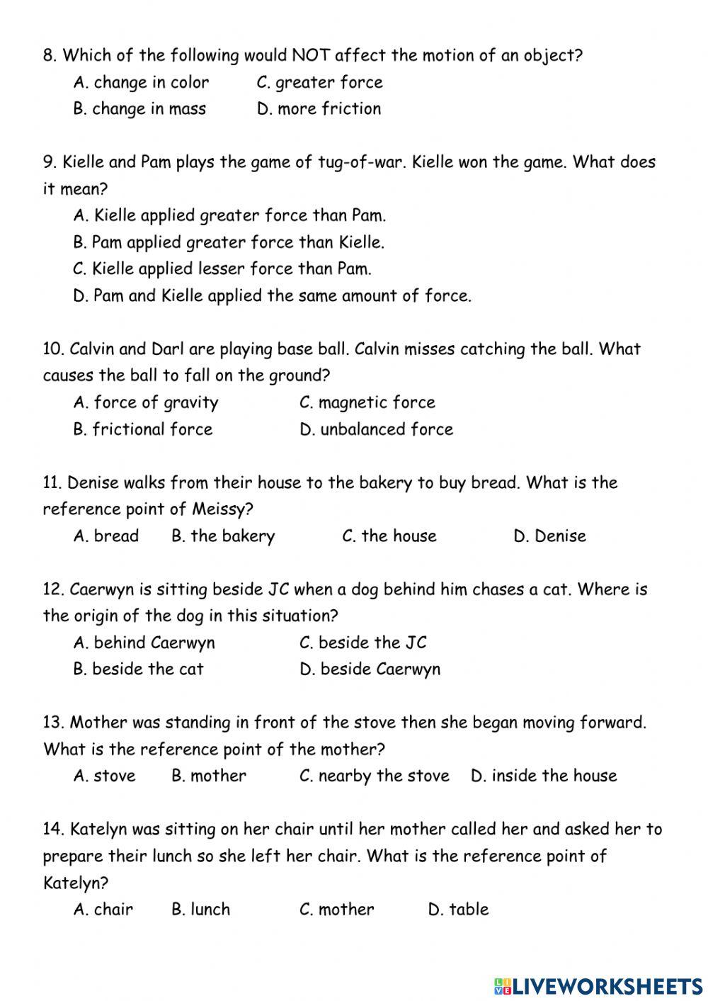 reference point in science worksheet