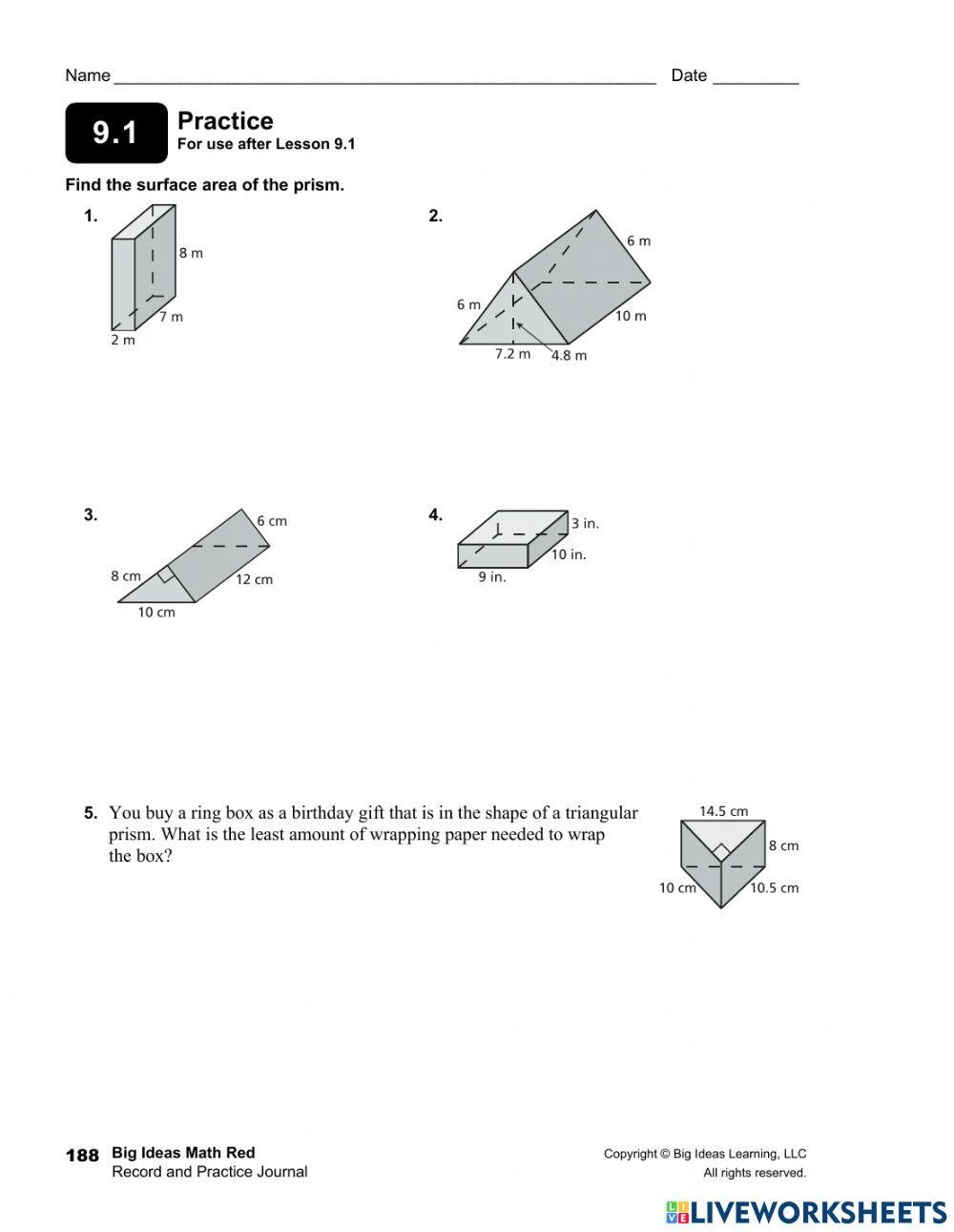 Surface Area of Prisms Practice 1 online exercise for | Live Worksheets