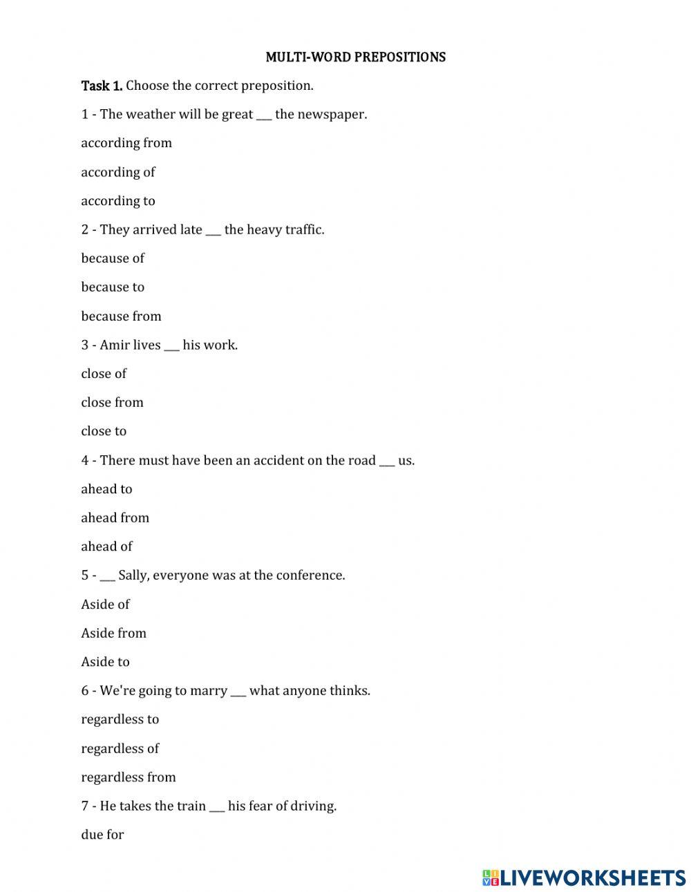 Multi-word prep… | Free Interactive Worksheets | 1984536