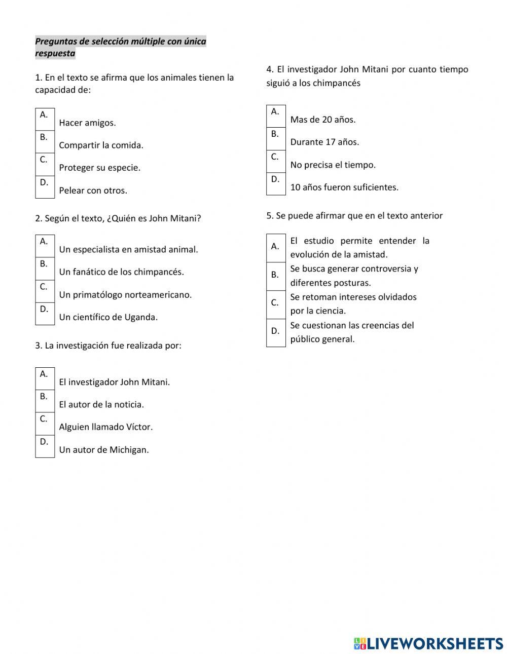 Prueba Diagnostica 5° - IEF worksheet | Live Worksheets