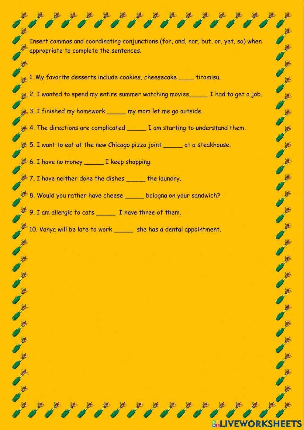coordinating conjunction worksheet grade 8