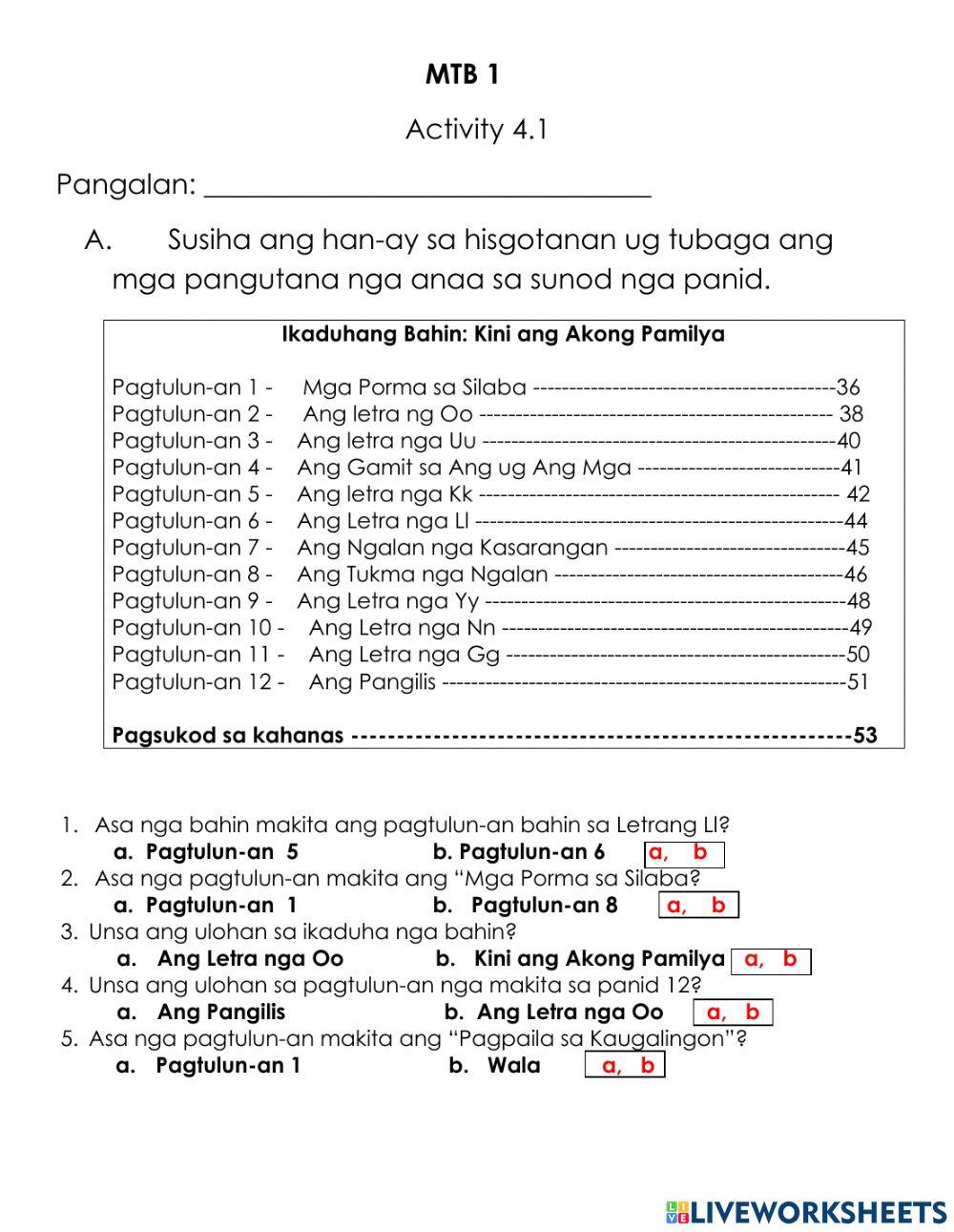 MTB 1 Activity 4.1 worksheet | Live Worksheets