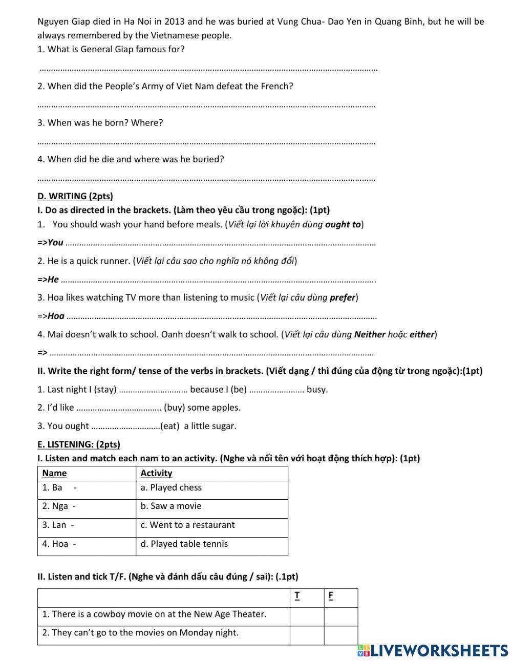 G7 - Revision for Final test 02 online exercise for | Live Worksheets